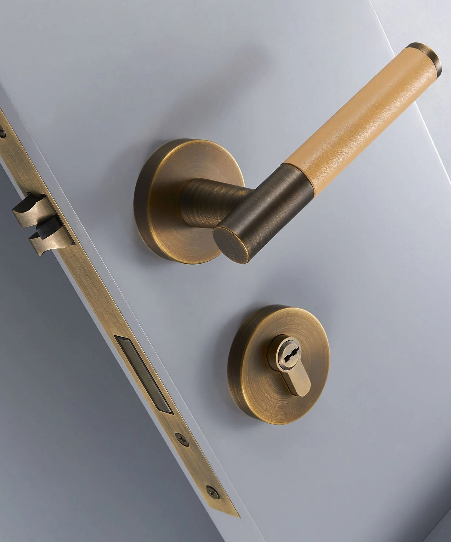 DERMA - Premium solid brass and leather Door Lever handle Set