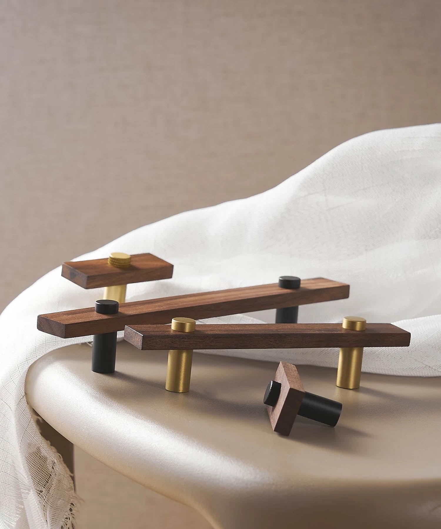 WOOD Walnut & Solid Brass Flat Kitchen & Cabinet Handle - Luxury Handles