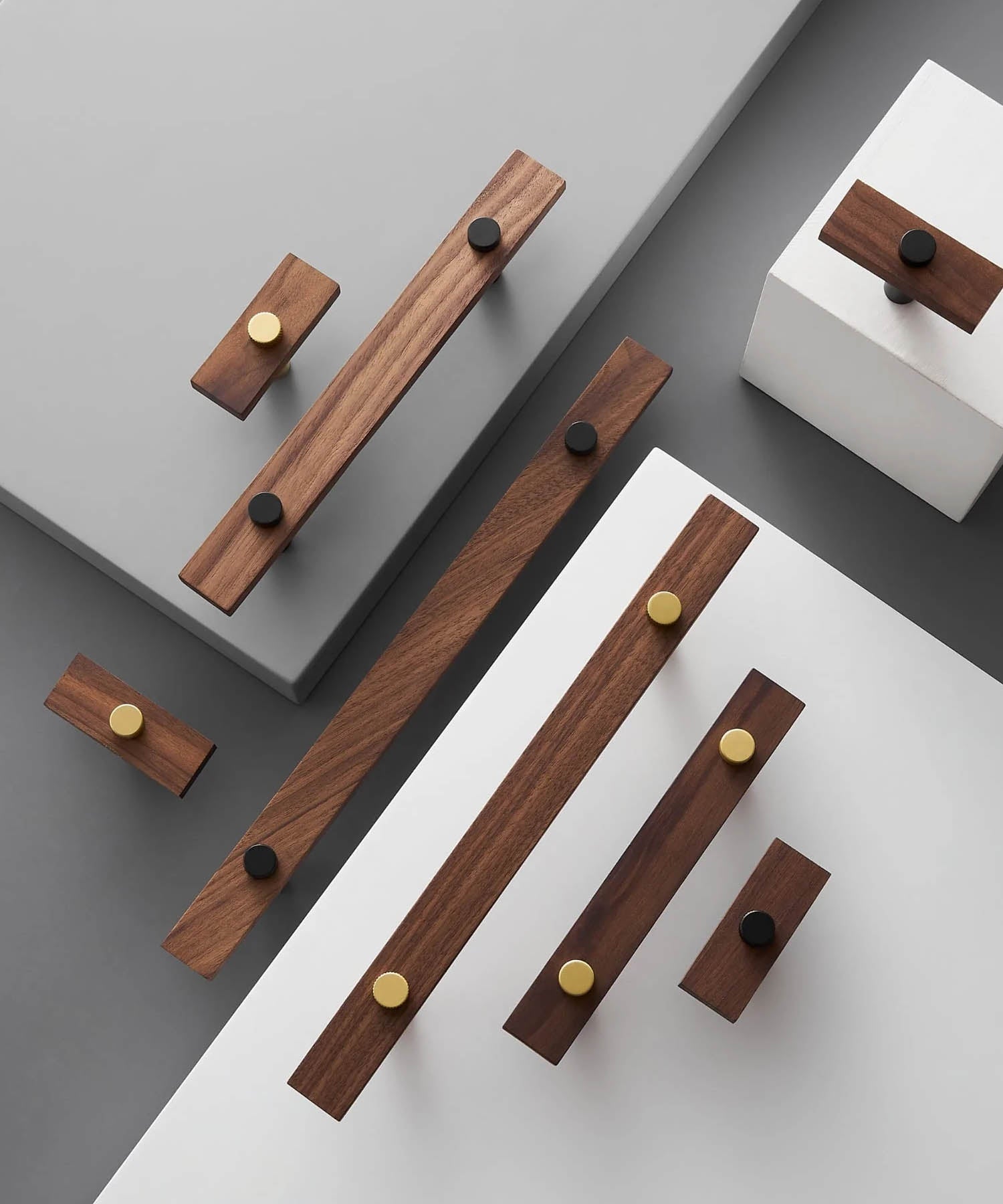 WOOD Walnut & Solid Brass Flat Kitchen & Cabinet Handle - Luxury Handles