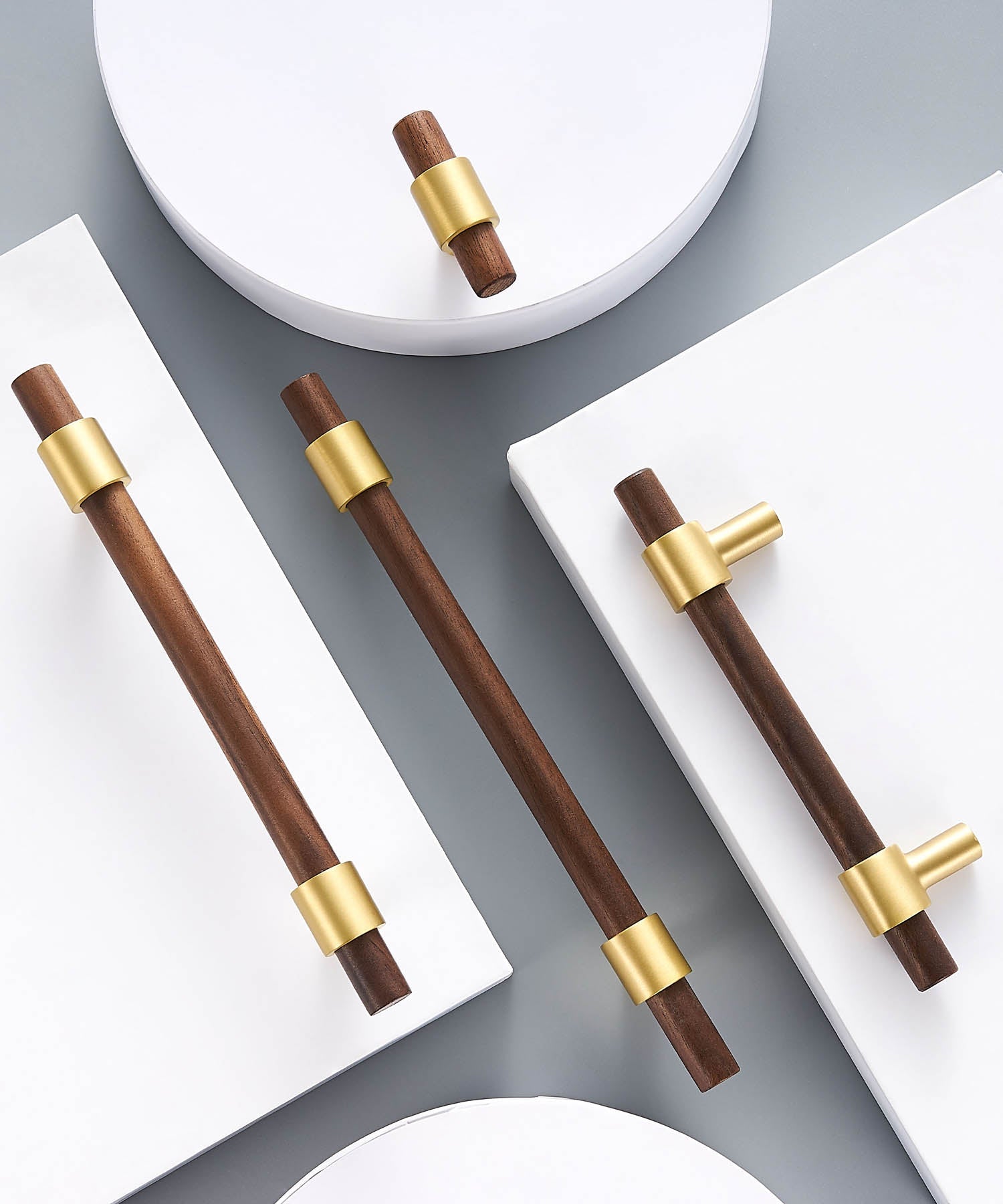 WOOD Walnut & Solid Brass Modern Kitchen & Cabinet Handle - Luxury Handles