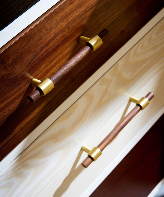WOOD Walnut & Solid Brass Modern Kitchen & Cabinet Handle - Luxury Handles